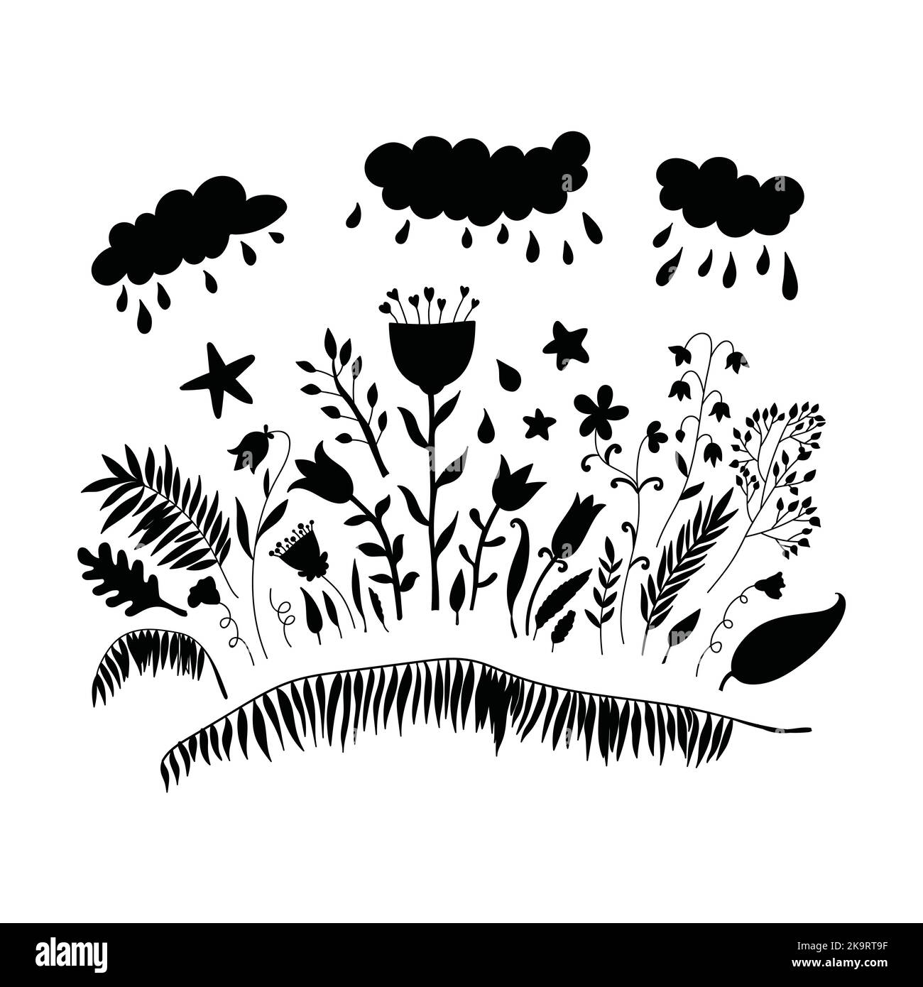 Illustration in cartoon style of cloud with rain drops and flowers ...