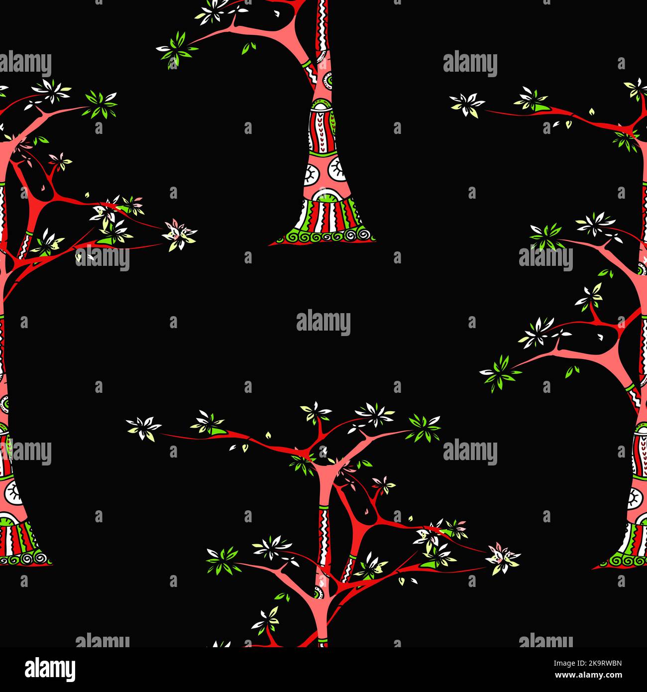 Seamless pattern with doodle trees in ethnic style. Decorative ...