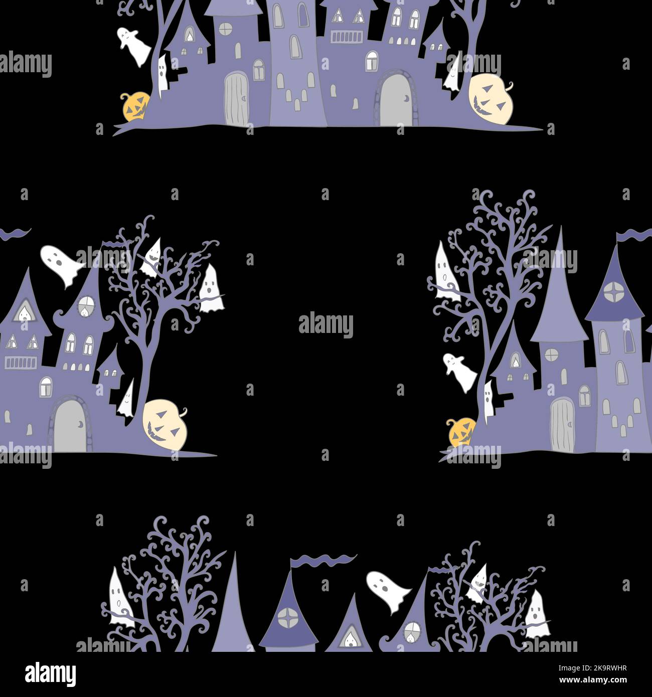 Happy halloween seamless background with haunted house, trees and cute ...