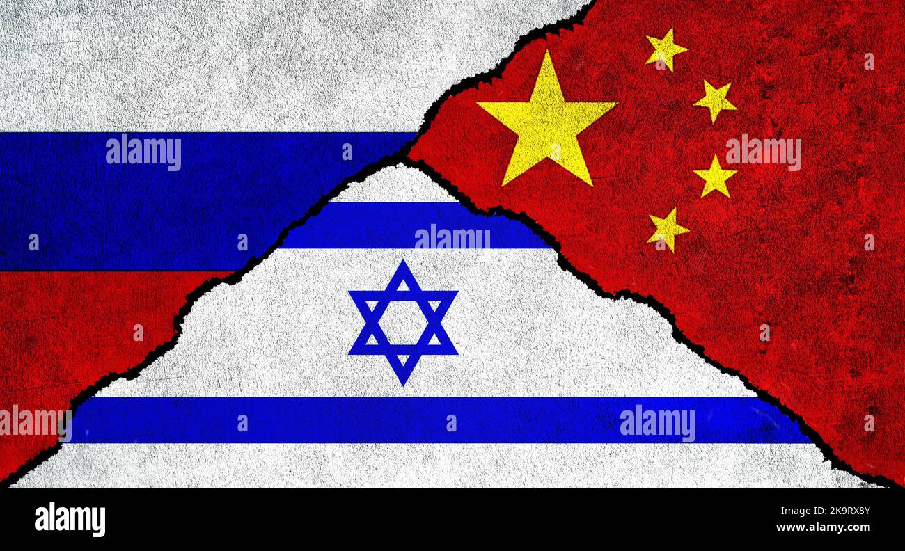 Russia, China and Israel flag together on wall. Diplomatic relations ...