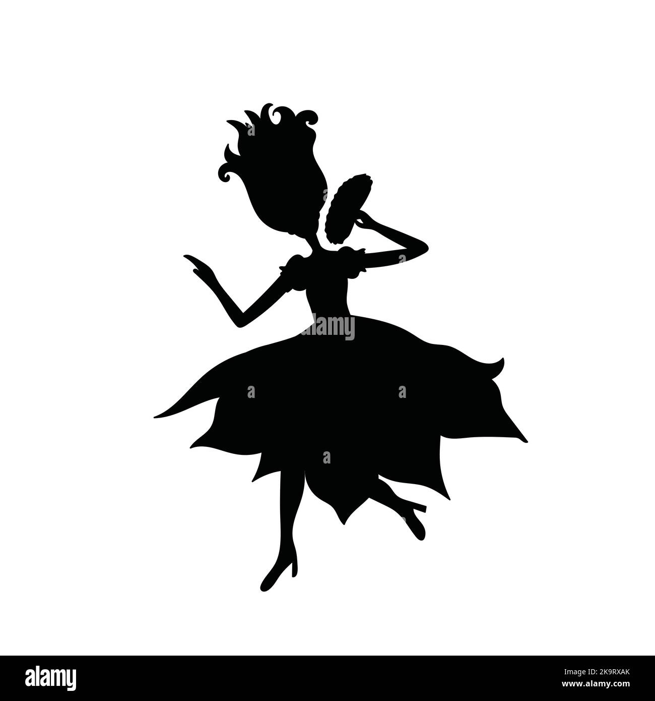 Black silhouette of cute fairy princess. Girl fantasy cartoon style ...