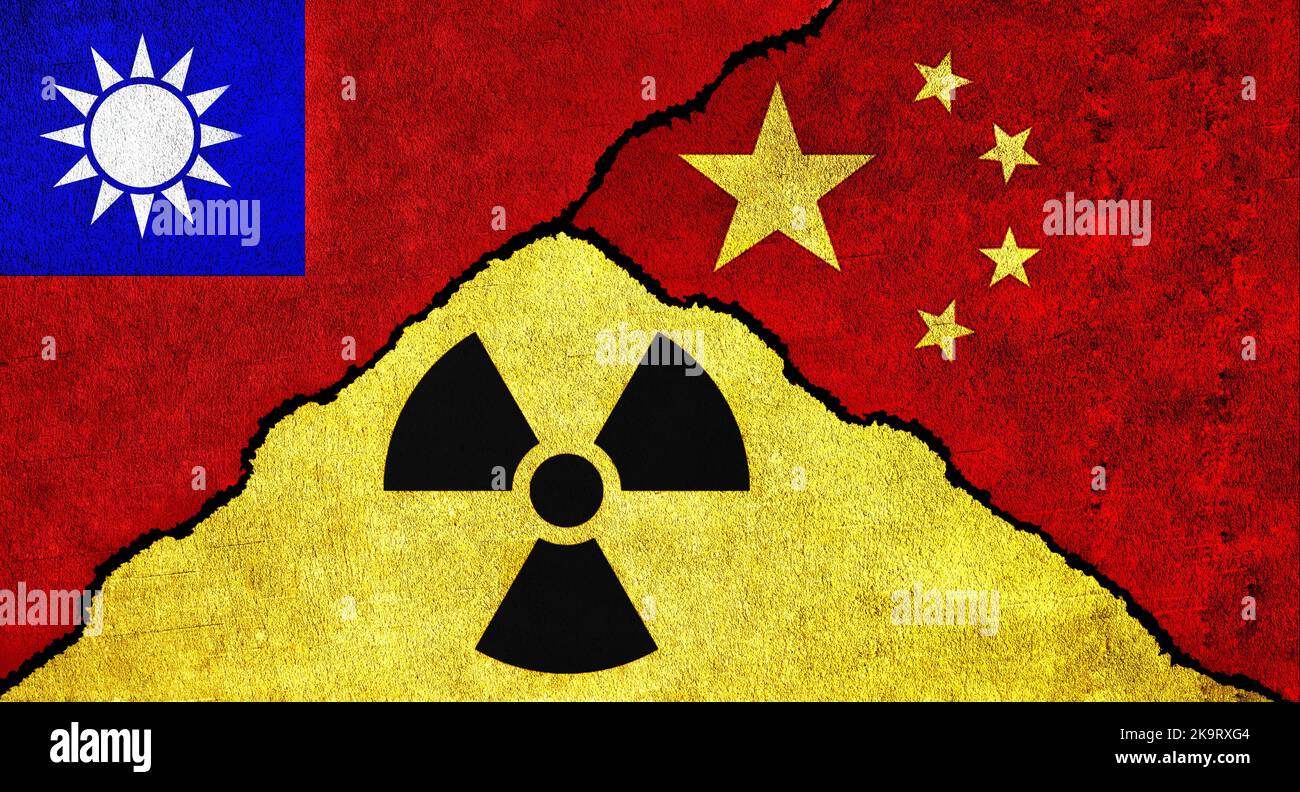 Flags of China, Taiwan and Nuclear symbol together on a textured wall ...