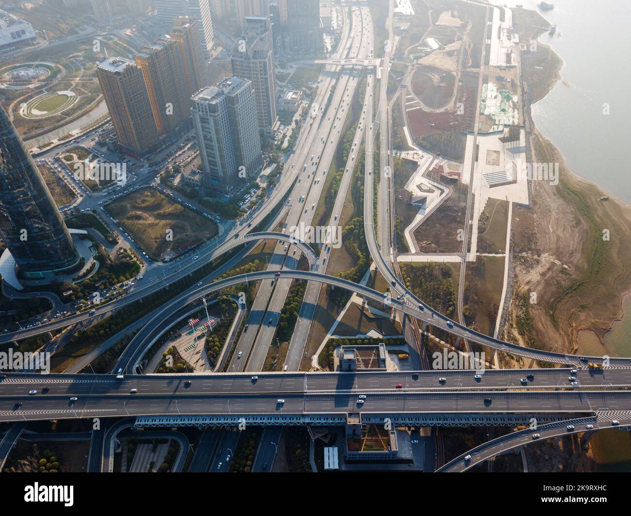 Transport junction traffic road with vehicle movement aerial view by ...