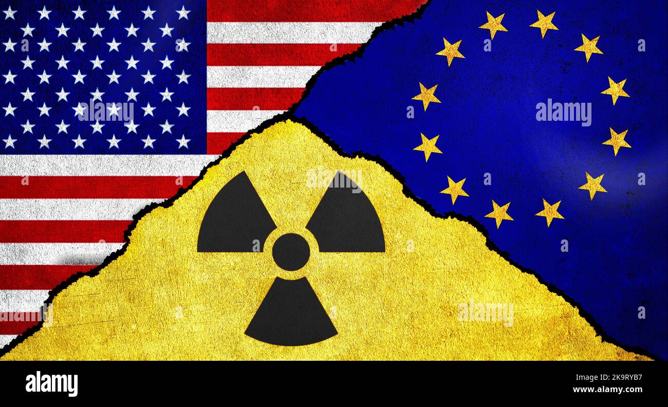 Flags of USA, EU and Nuclear symbol together. United States of America ...