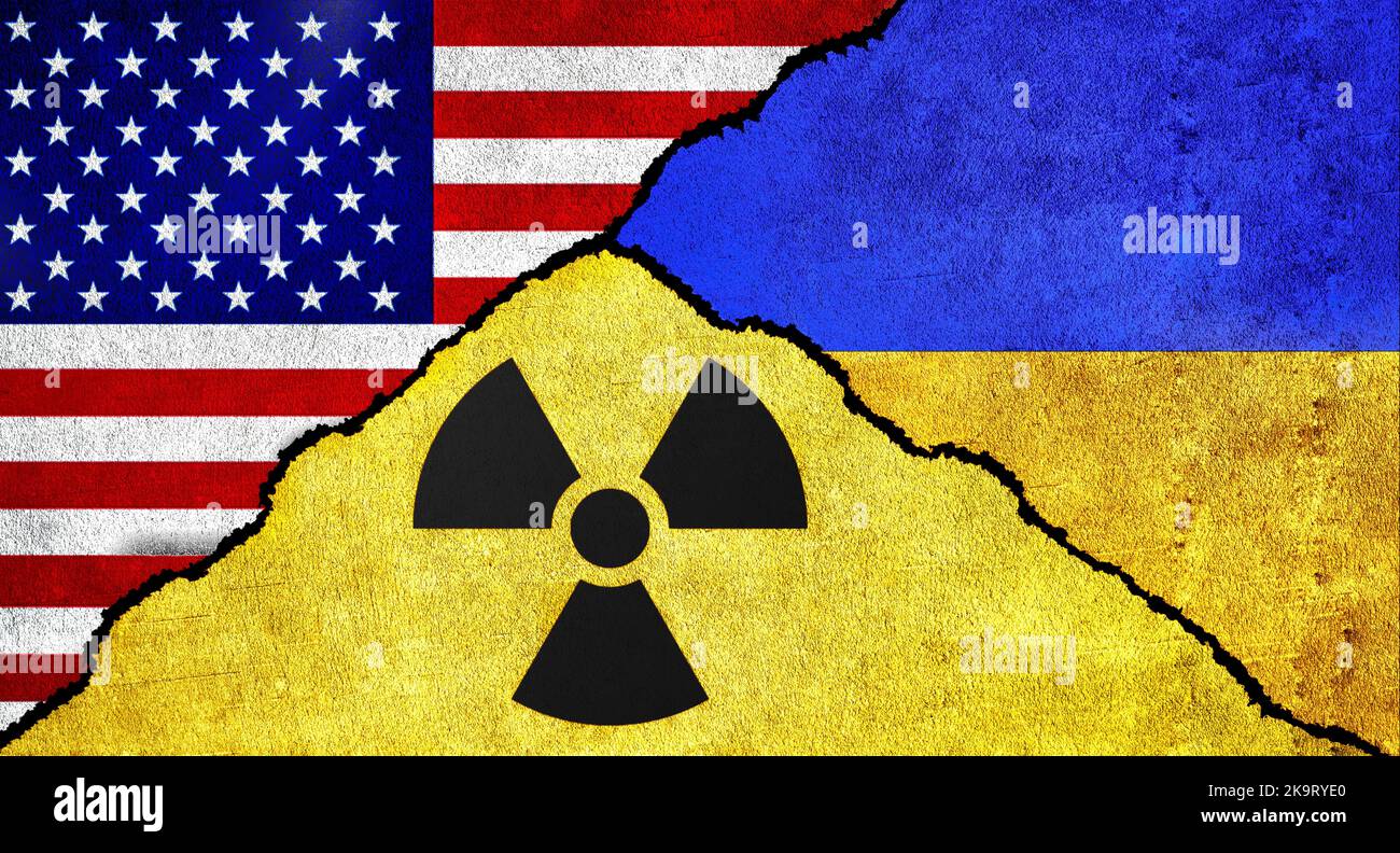 Flags of USA, Ukraine and Nuclear symbol together. United States of ...