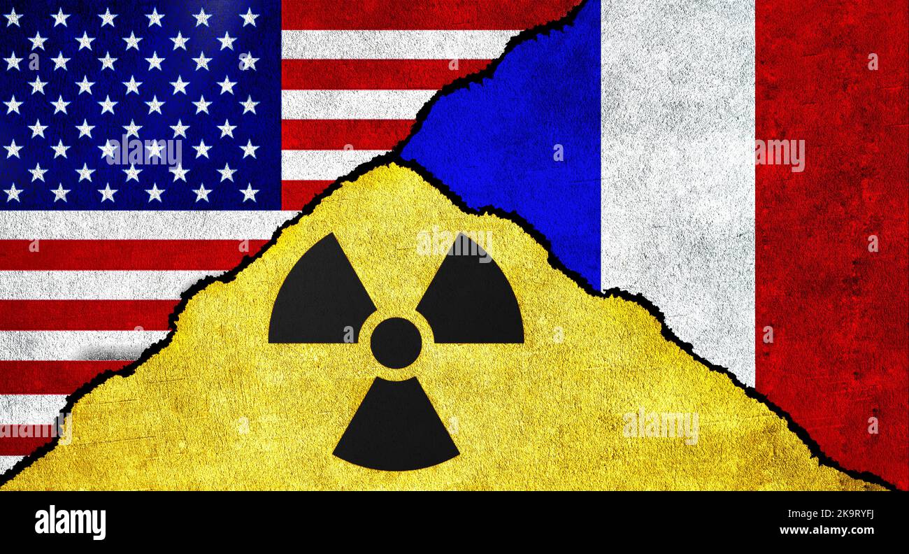 Flags of USA, France and Nuclear symbol together. United States of ...
