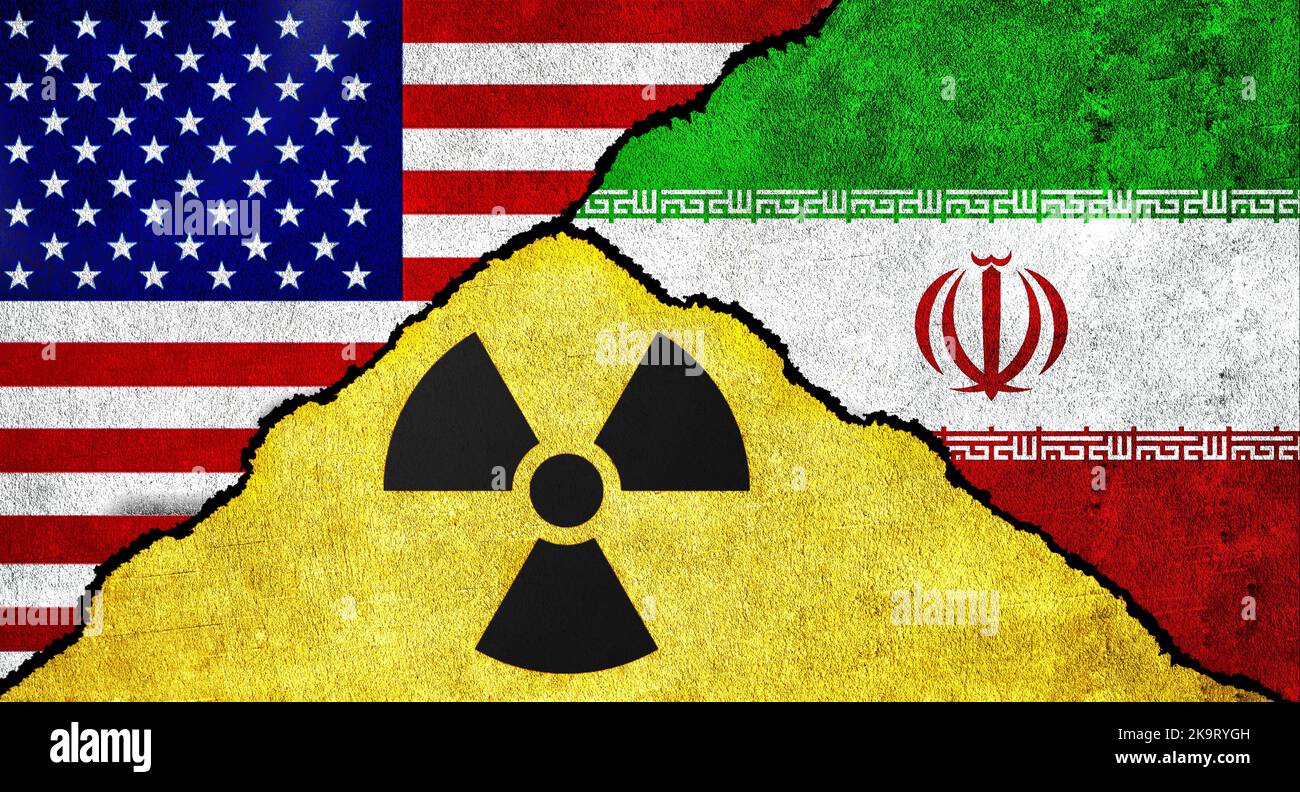 Flags of USA, Iran and Nuclear symbol together on a textured wall Stock ...