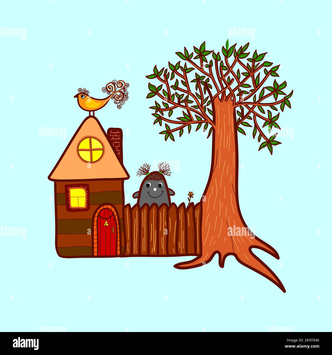 Illustration of funny cartoon character and house with bird sitting on ...
