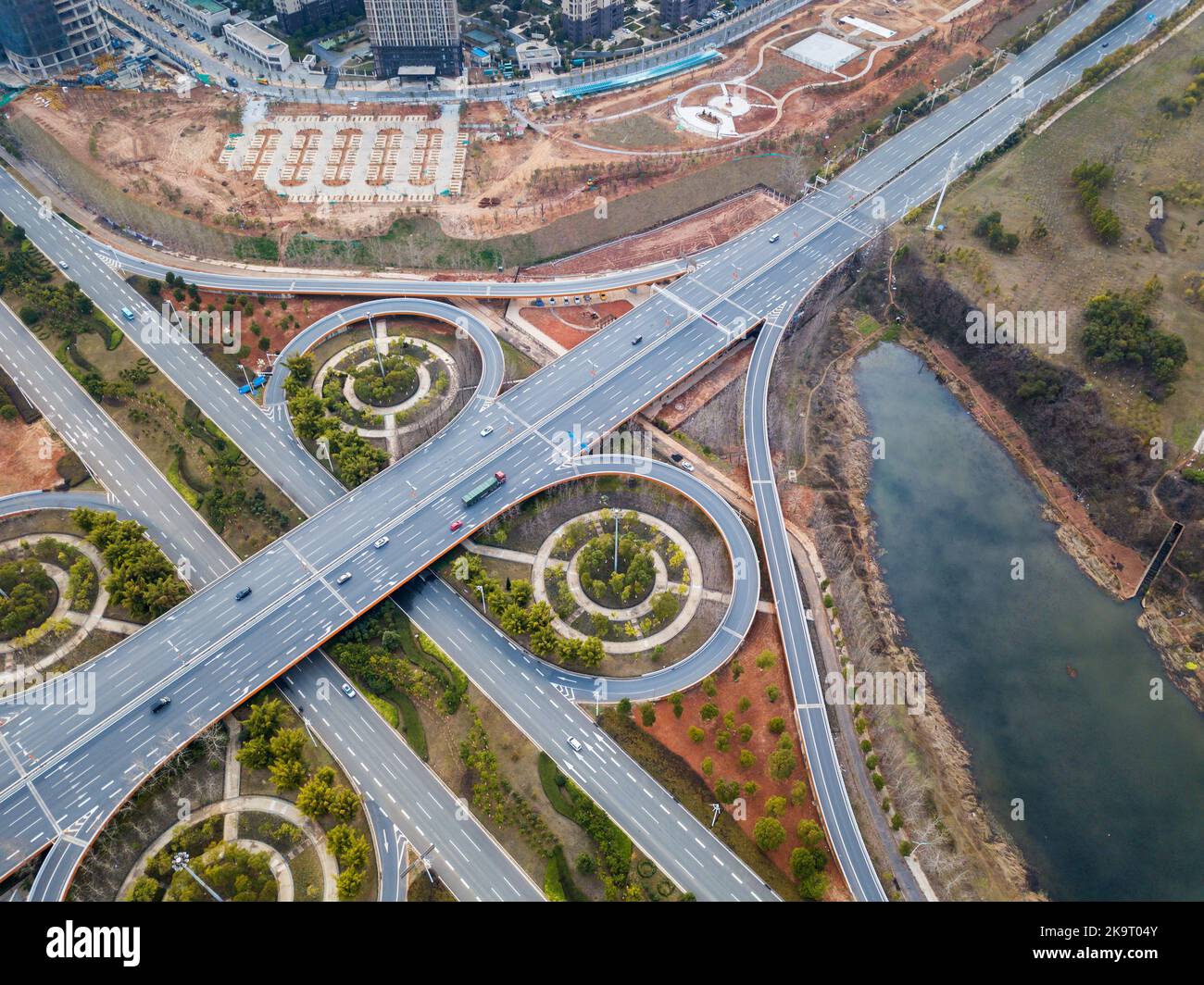 Transport junction traffic road with vehicle movement aerial view by ...