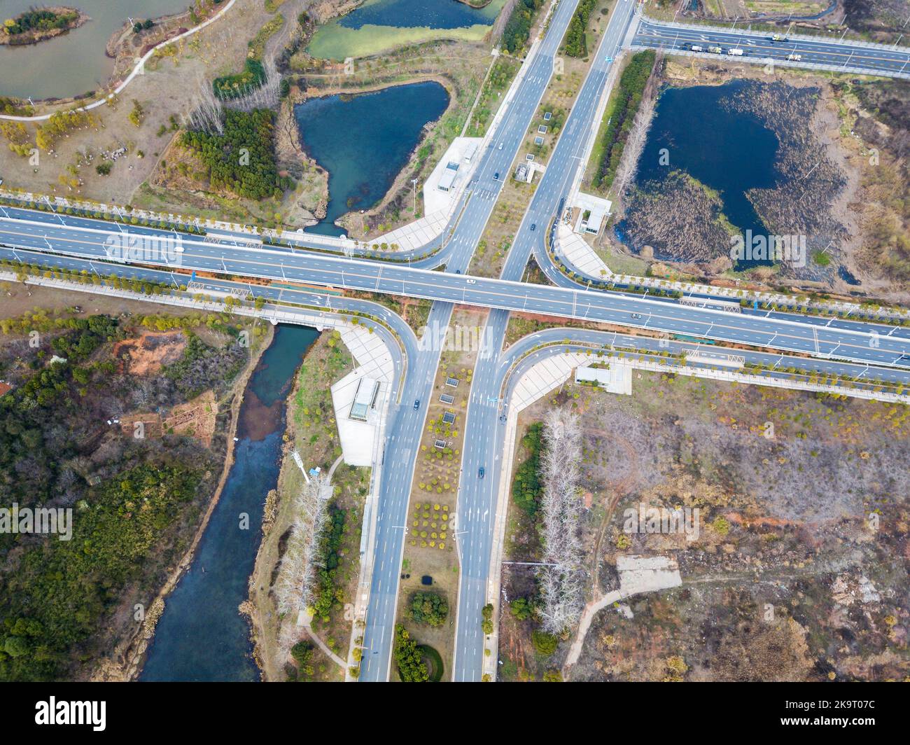 Transport junction traffic road with vehicle movement aerial view by ...