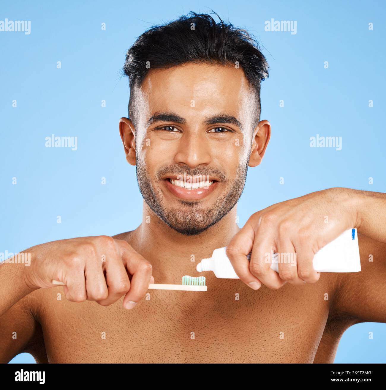 Mouth, dental and man brushing teeth in studio for wellness, health and ...