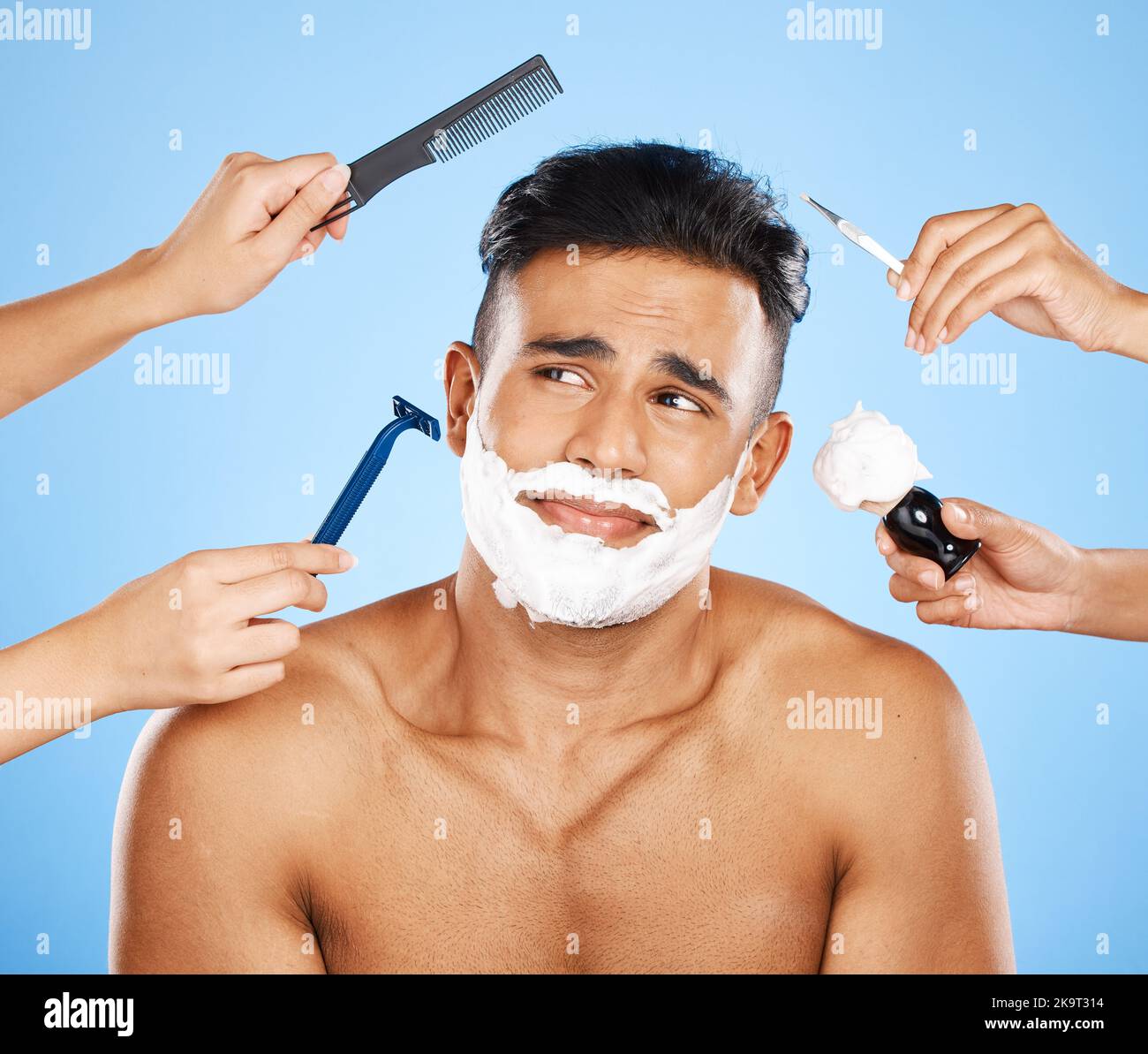 Hands, cleaning and man in studio for makeover, skincare and shaving ...