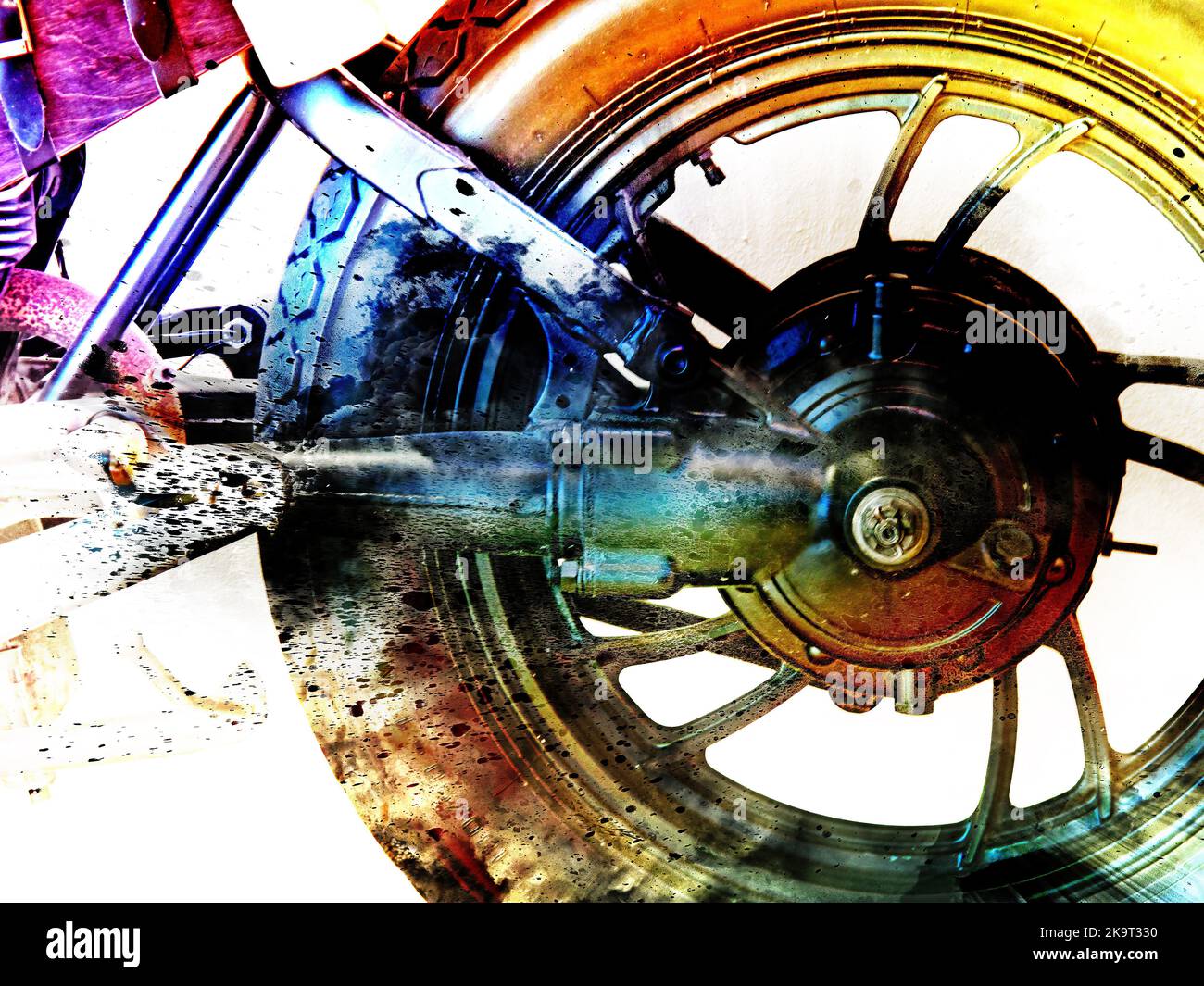 motorcycle wheel against white background smoke and special effects ...