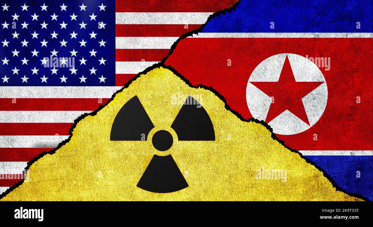Flags of United States of America (USA), North Korea and Nuclear symbol ...