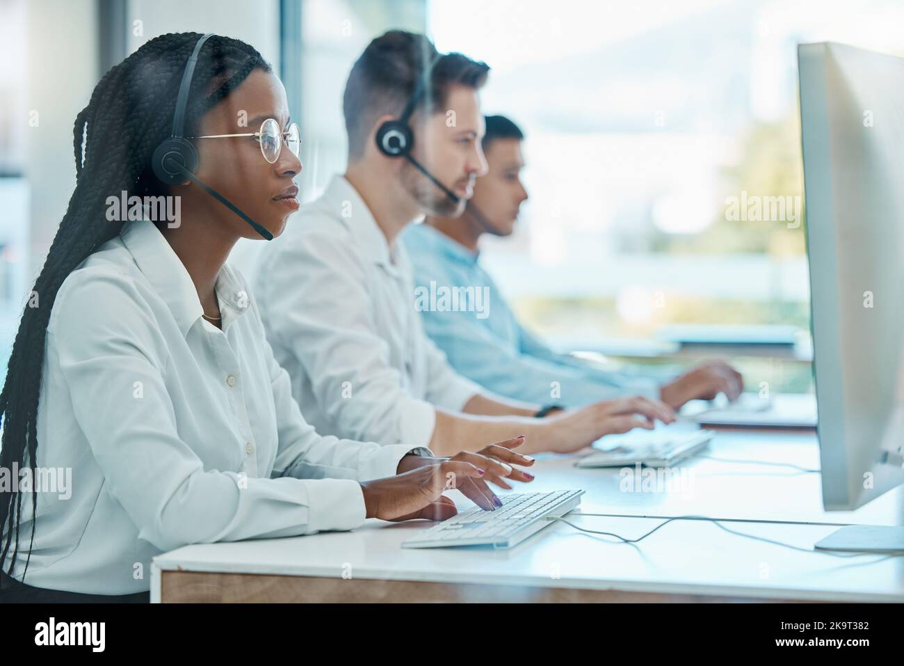 Contact us, telemarketing and crm, black woman at computer in customer ...