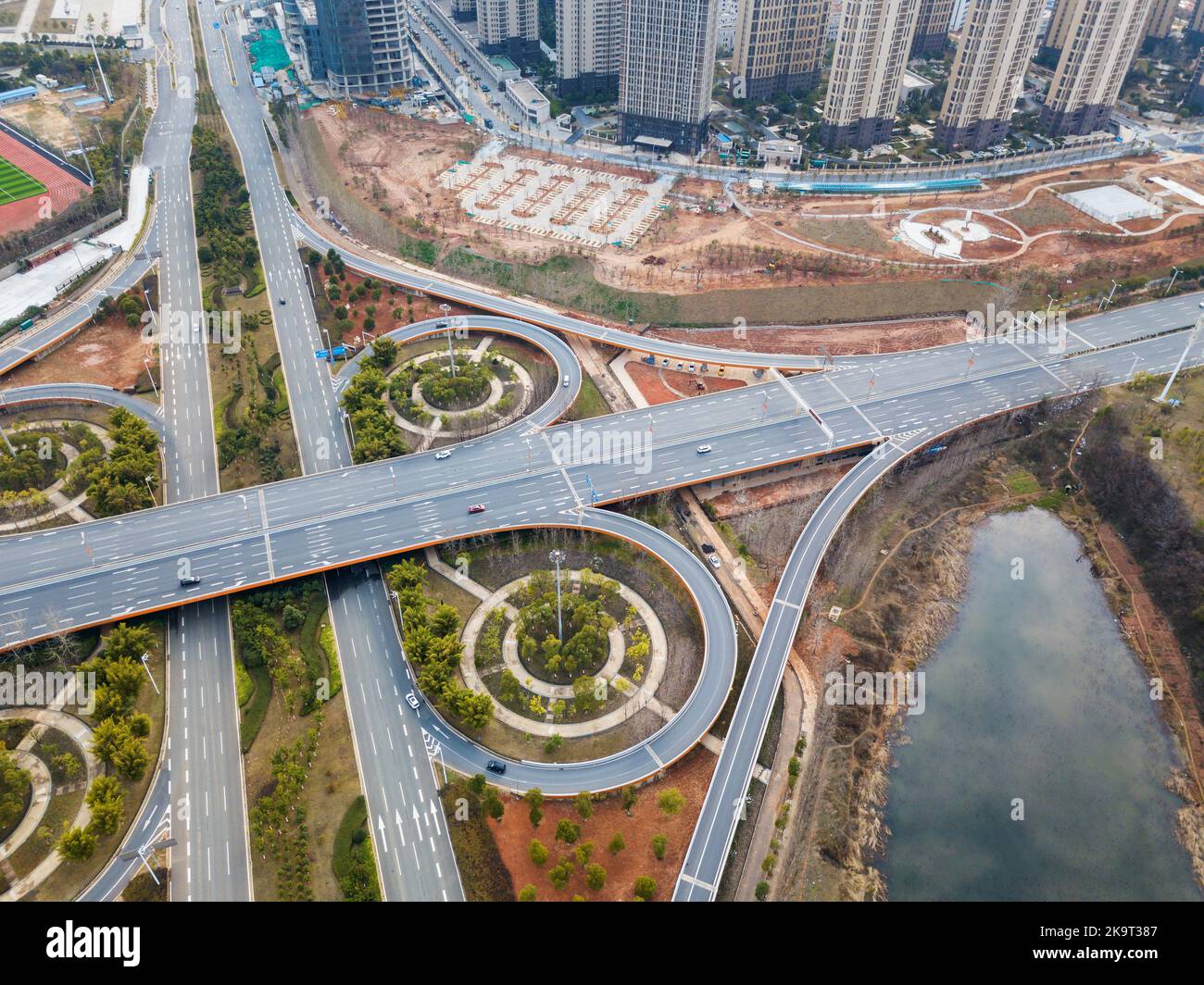 Transport junction traffic road with vehicle movement aerial view by ...