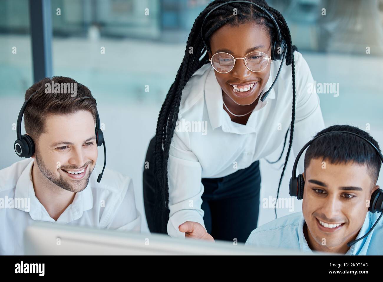 Call center, training and collaboration with business people in office ...