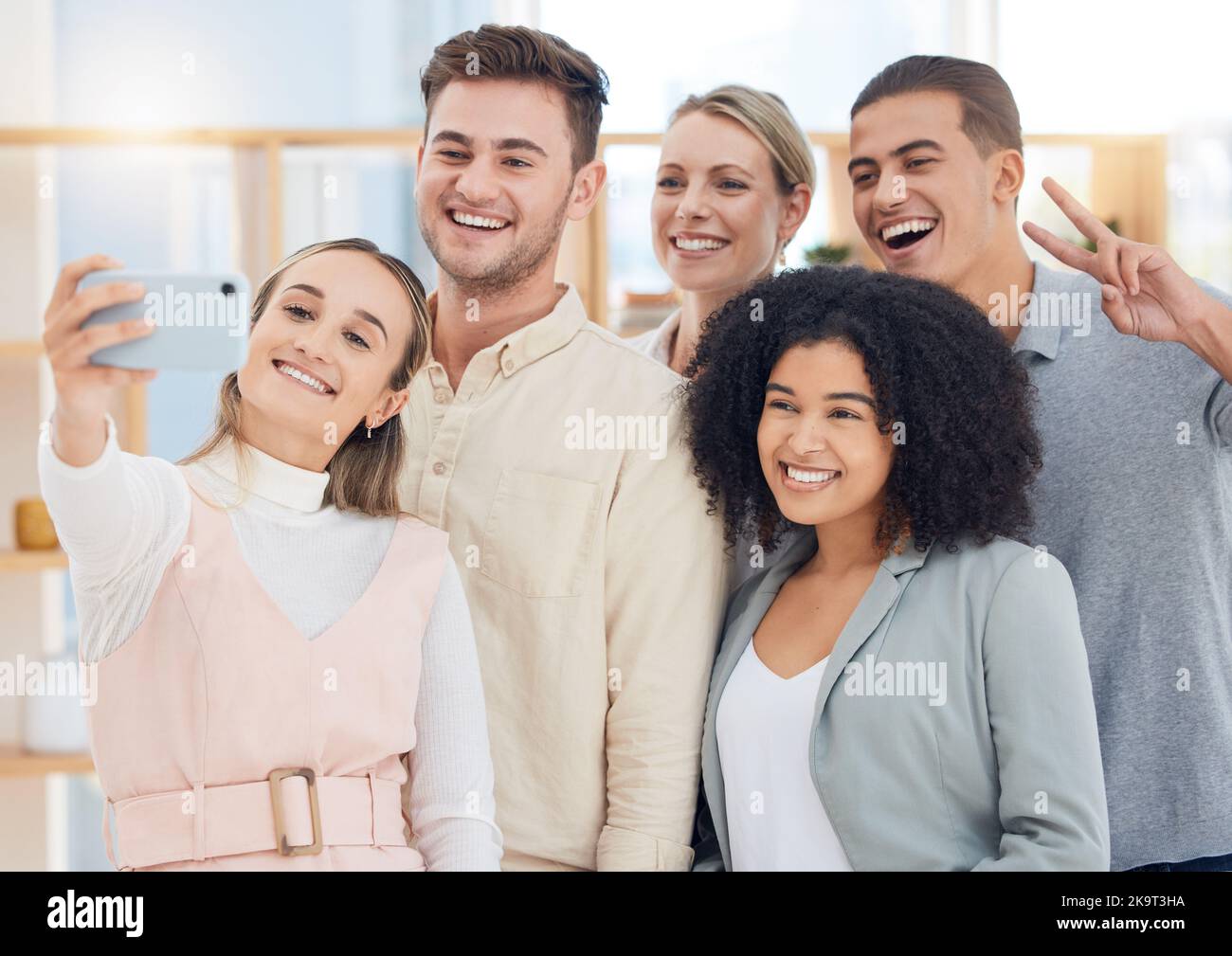 Selfie, smartphone and business people for startup social media, career profile update and ...