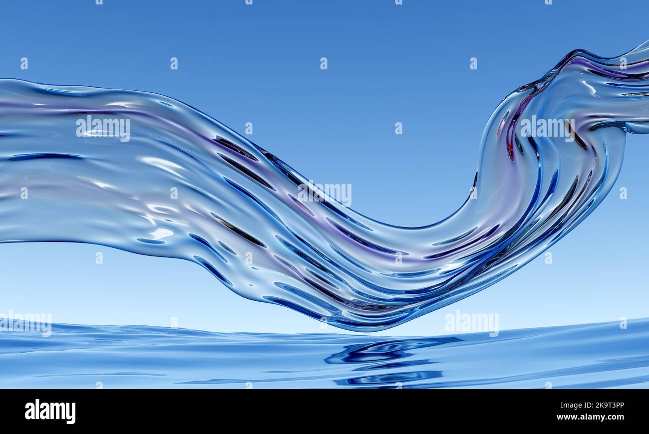3d abstract glossy wavy background. Transparent glass ribbon flying on ...