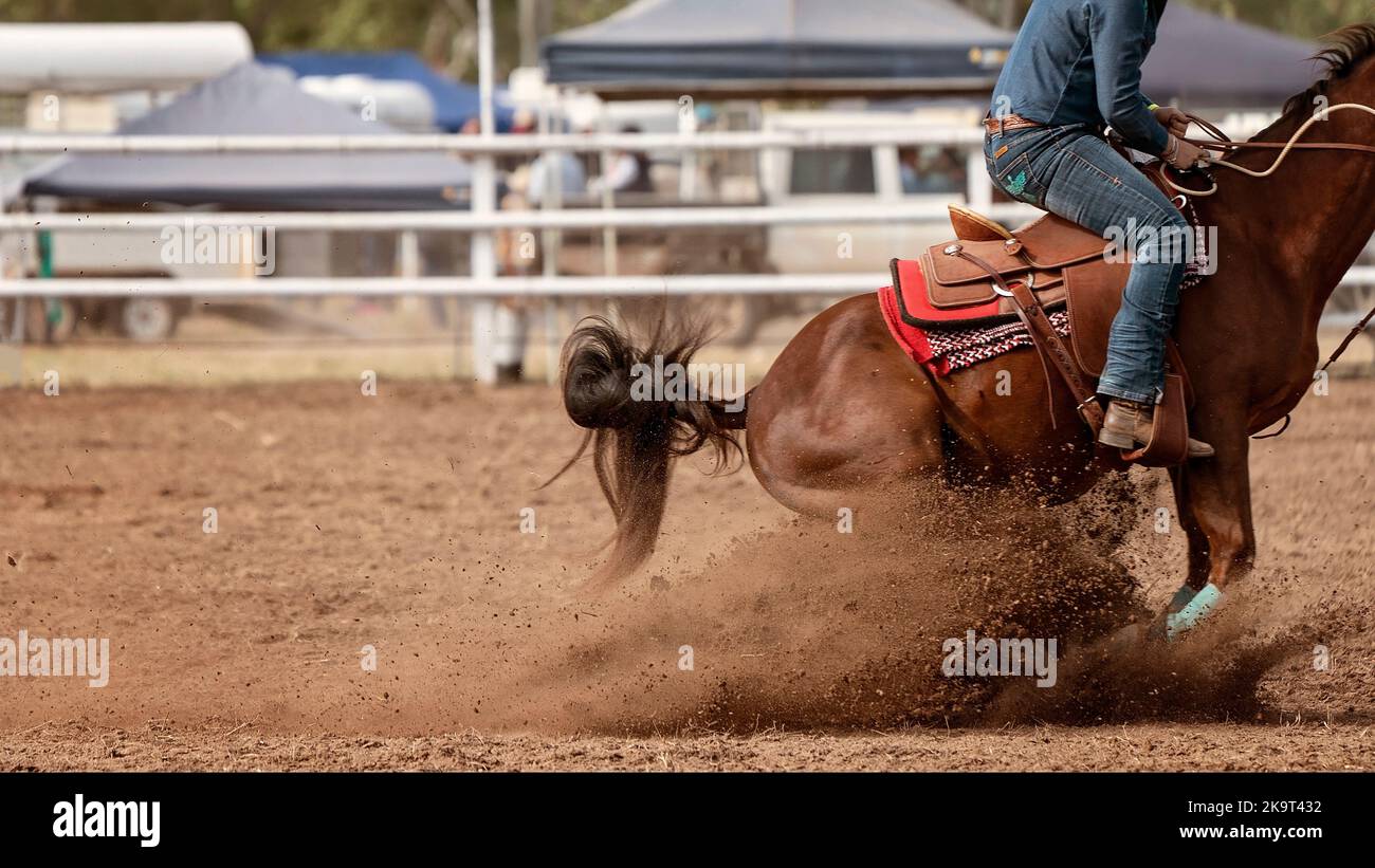 The back end of a horse as it tries to stop in the dirt during a calf ...