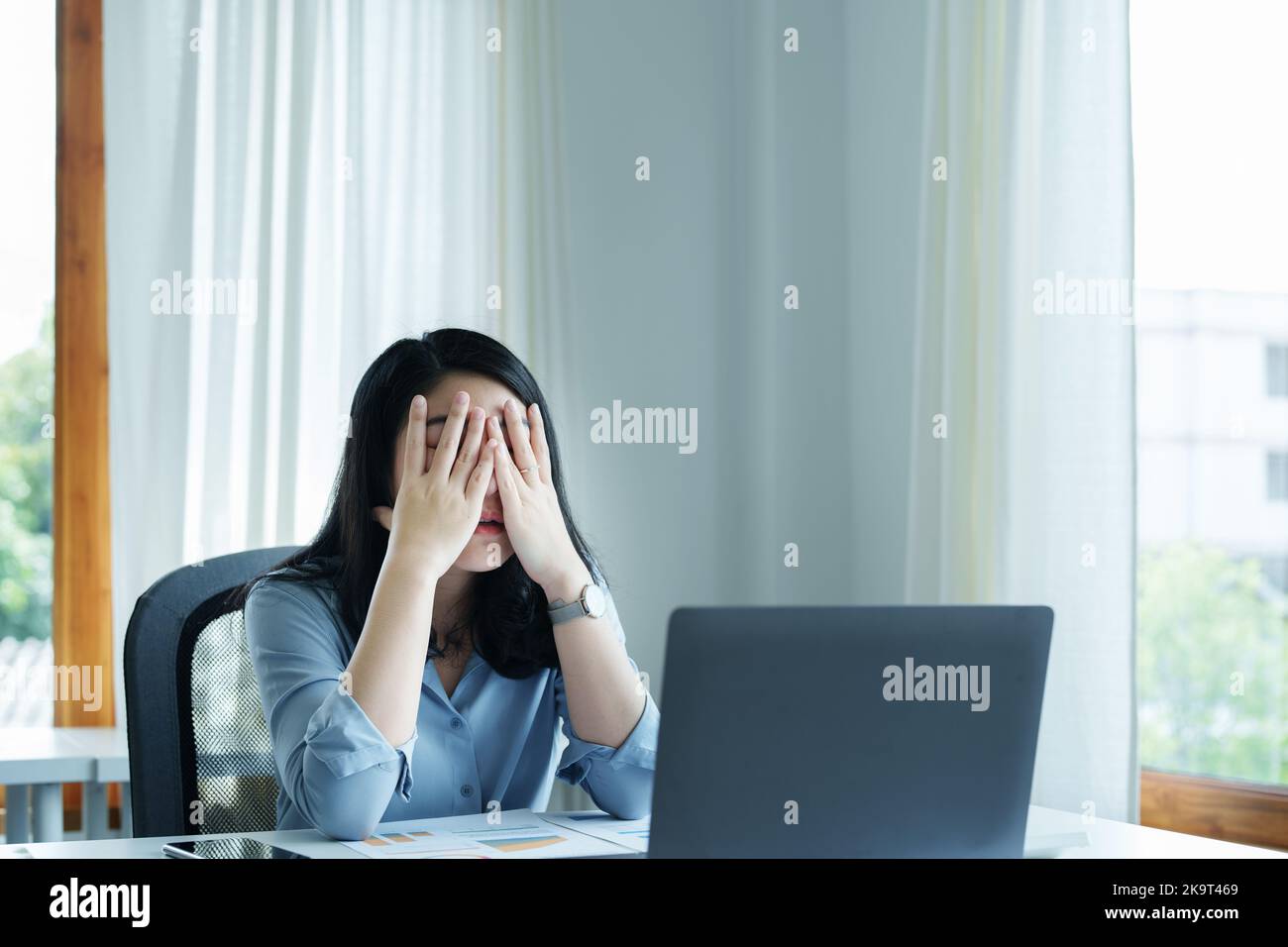 Portrait of sme business owner, woman using computer and financial ...