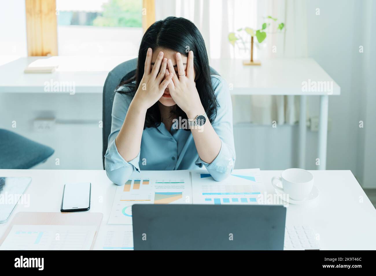 Portrait of sme business owner, woman using computer and financial ...