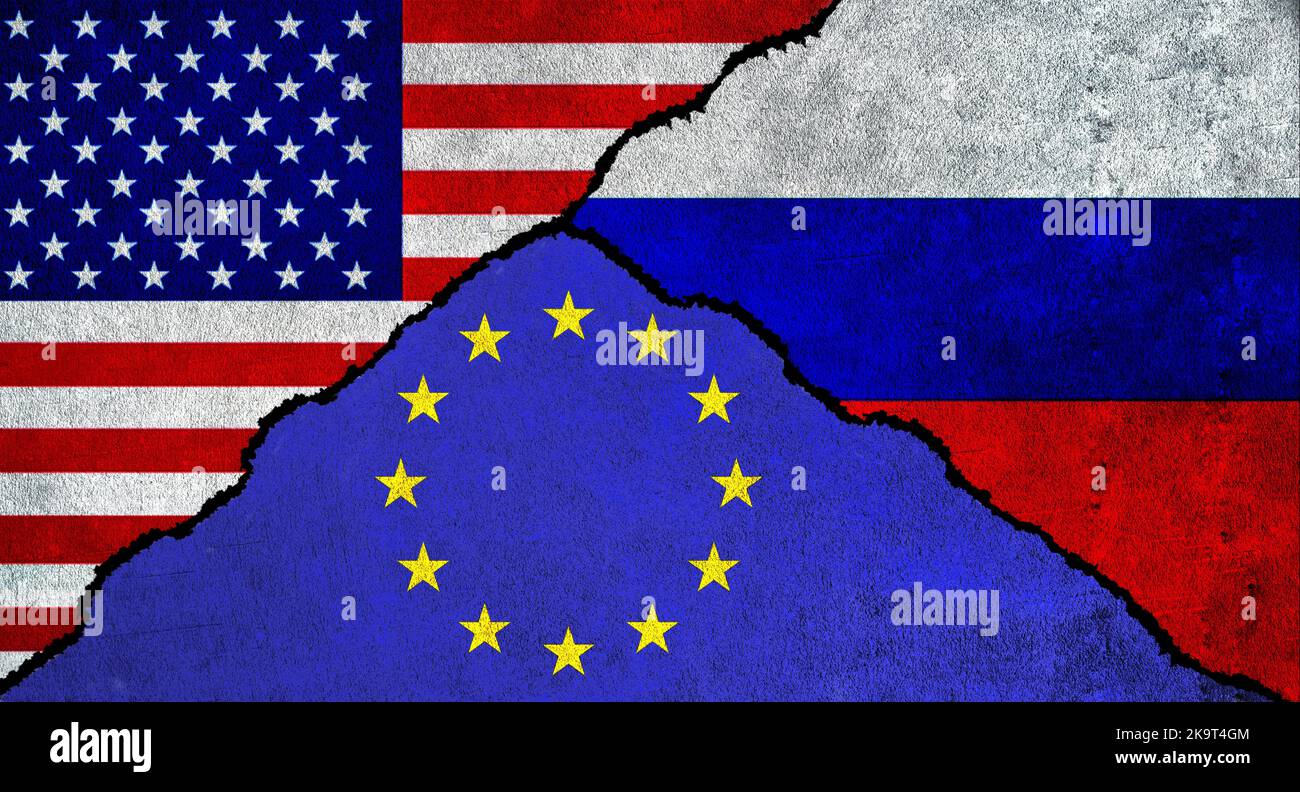 USA, Russia and European Union flag together on a textured wall ...