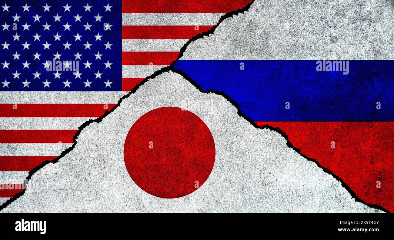 USA, Russia and Japan flag together on a textured wall. Relations ...