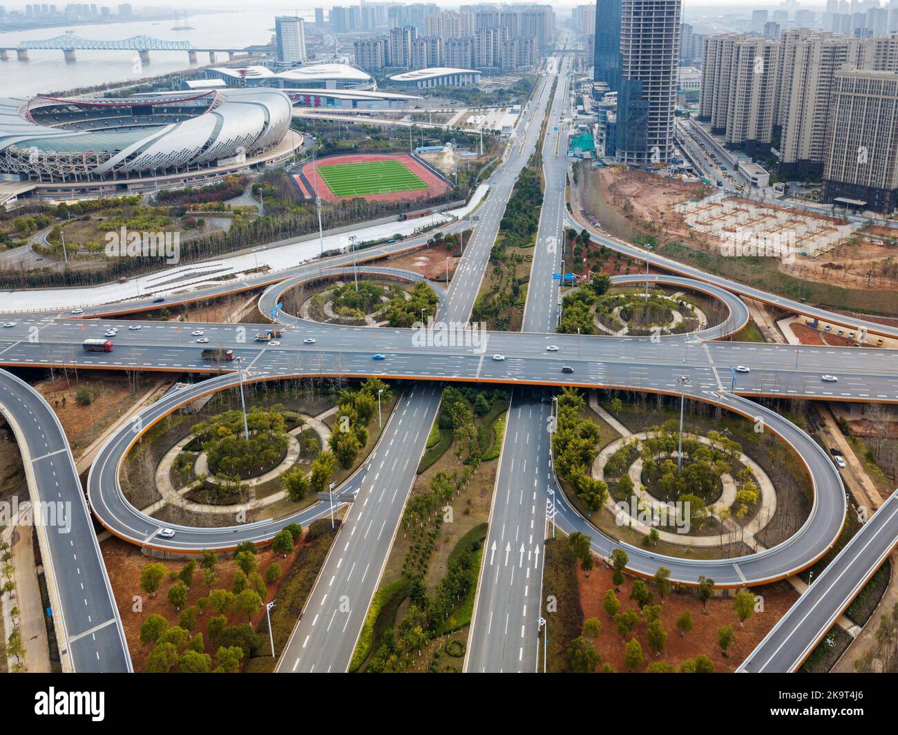Transport junction traffic road with vehicle movement aerial view by ...