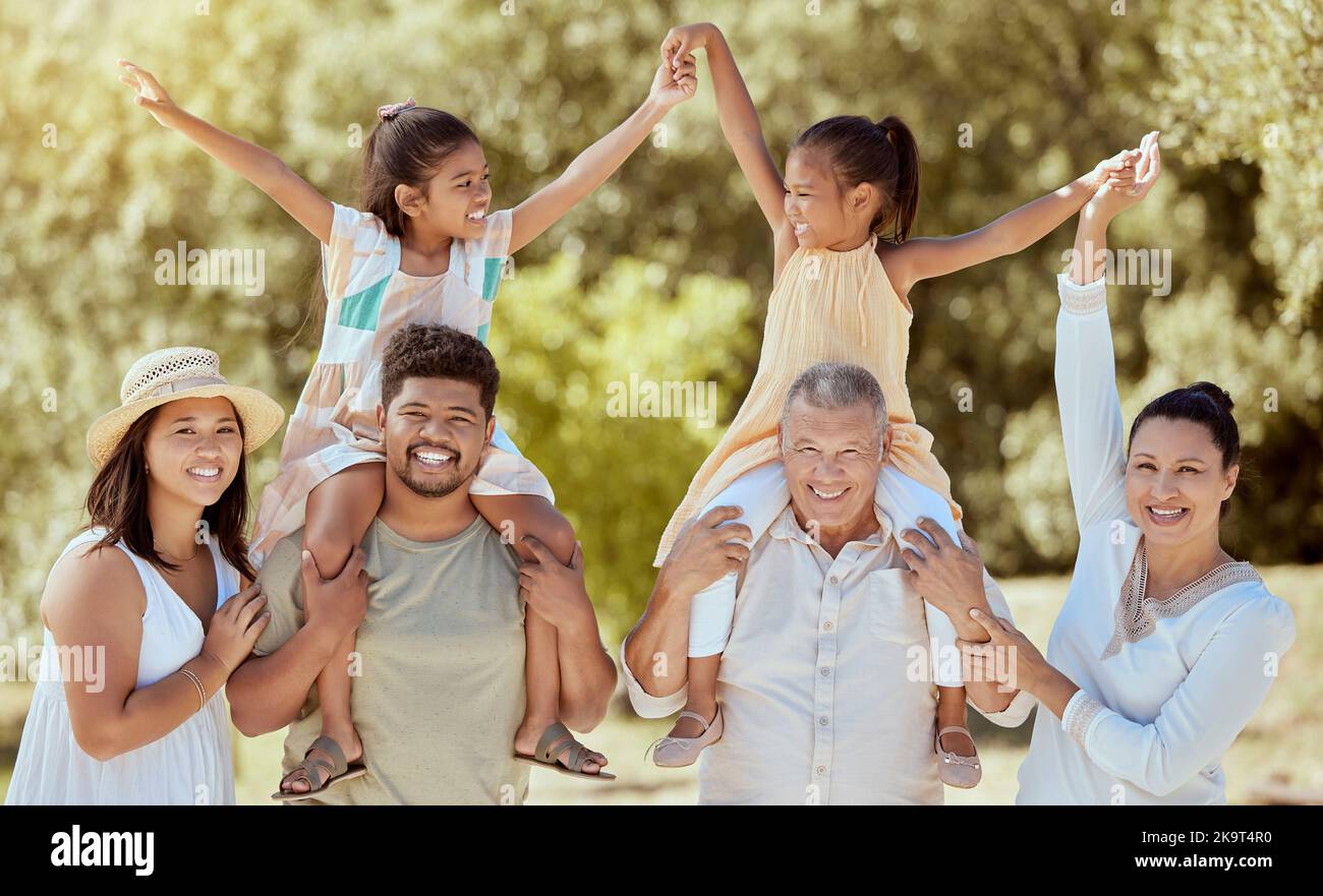 Family, love and outdoor, generations in park have fun out in nature ...