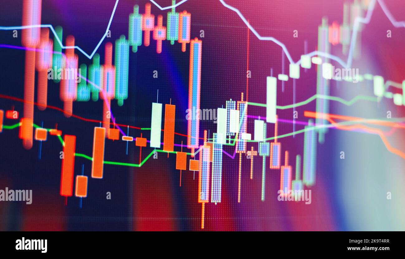 candlestick chart on blue theme screen, market volatility, up and down ...