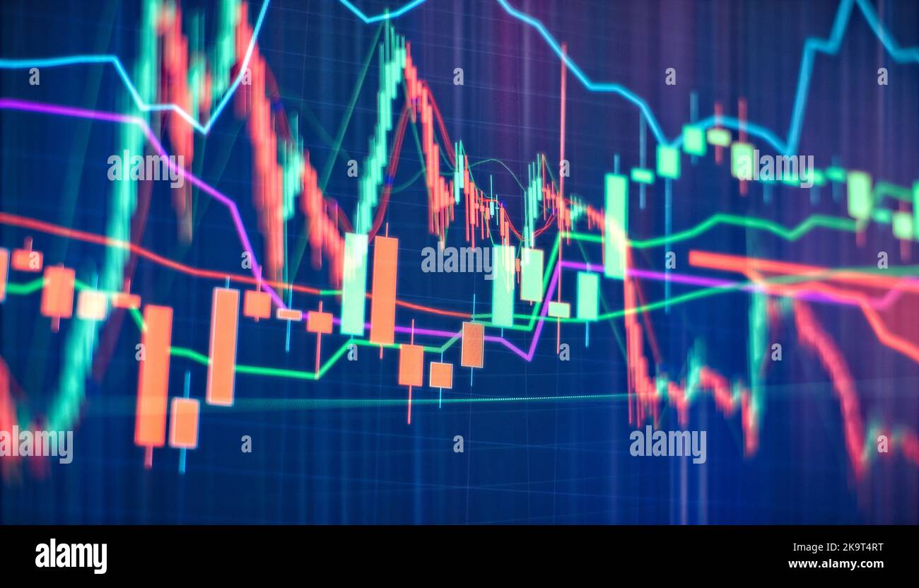 candlestick chart on blue theme screen, market volatility, up and down ...