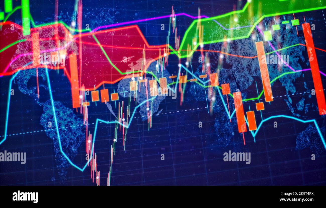 candlestick chart on blue theme screen, market volatility, up and down ...