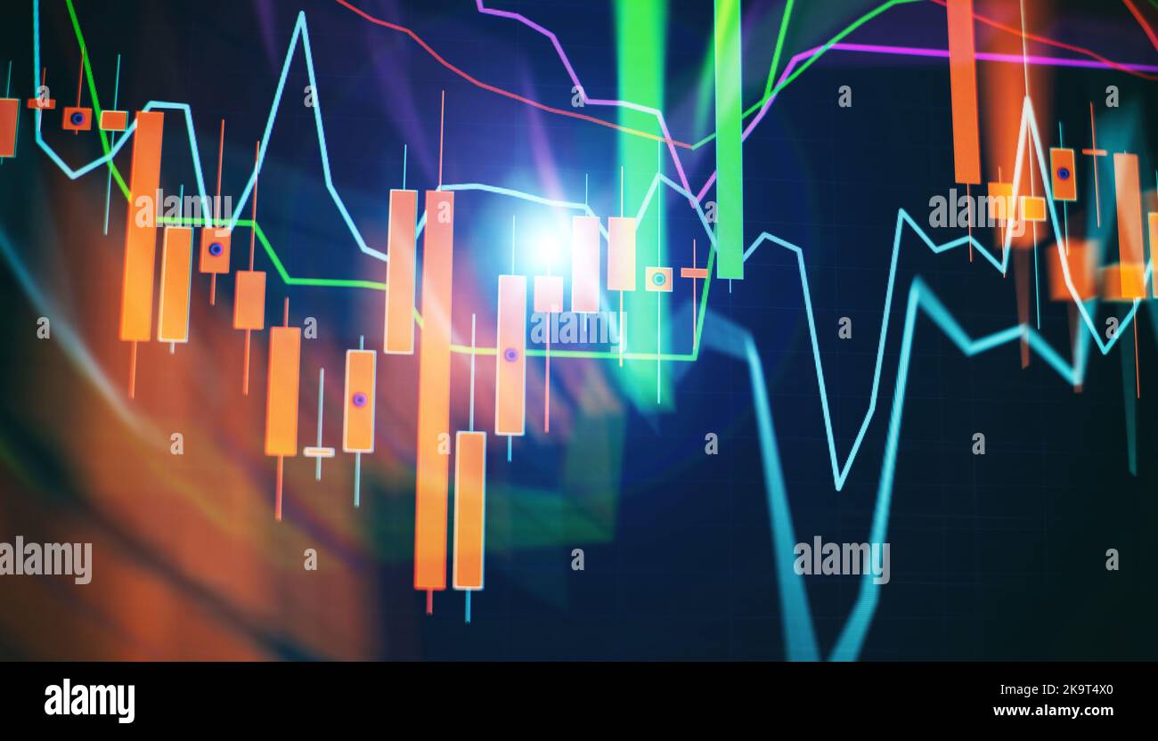 candlestick chart on blue theme screen, market volatility, up and down ...