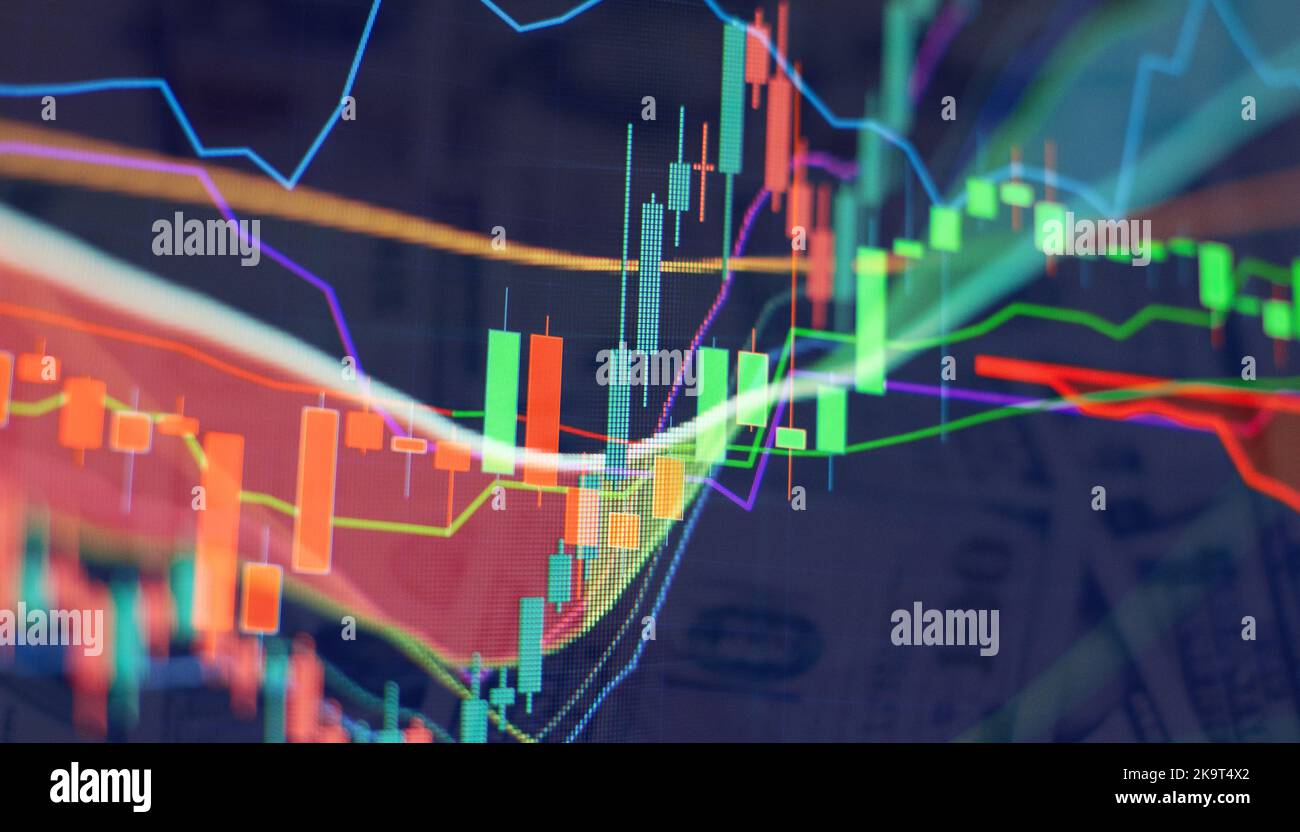 candlestick chart on blue theme screen, market volatility, up and down ...