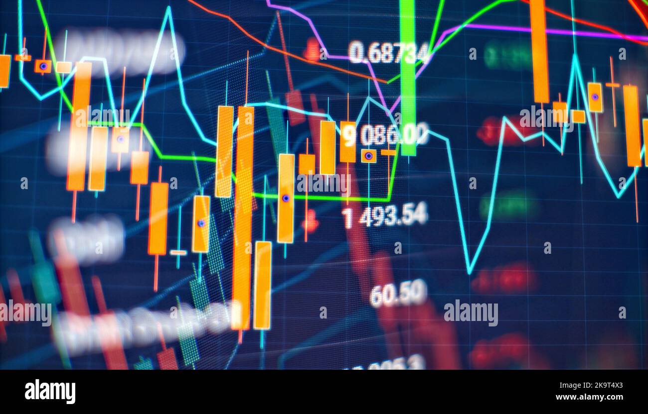 candlestick chart on blue theme screen, market volatility, up and down ...