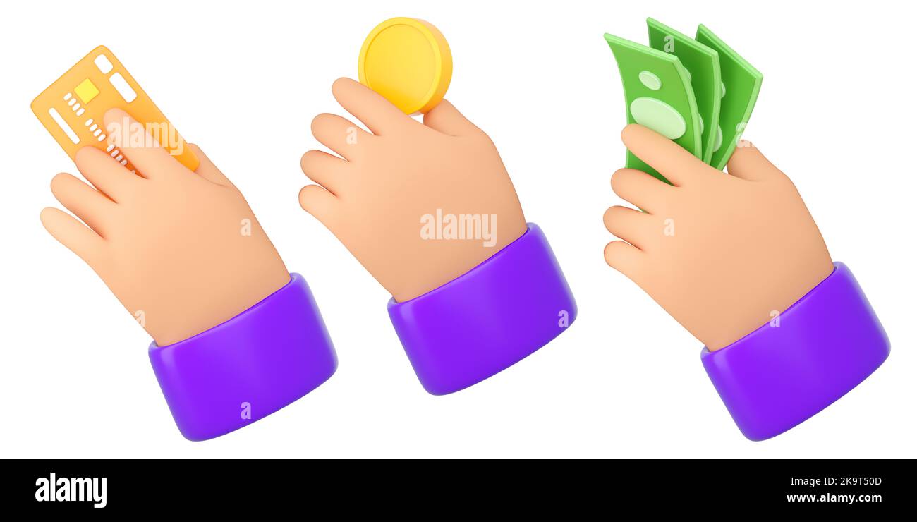 3d Human hands holding different king of money. Banknote, coin and ...