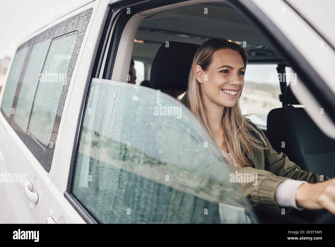 Travel, driver and woman in a modern campervan in Mexico, smile and ...