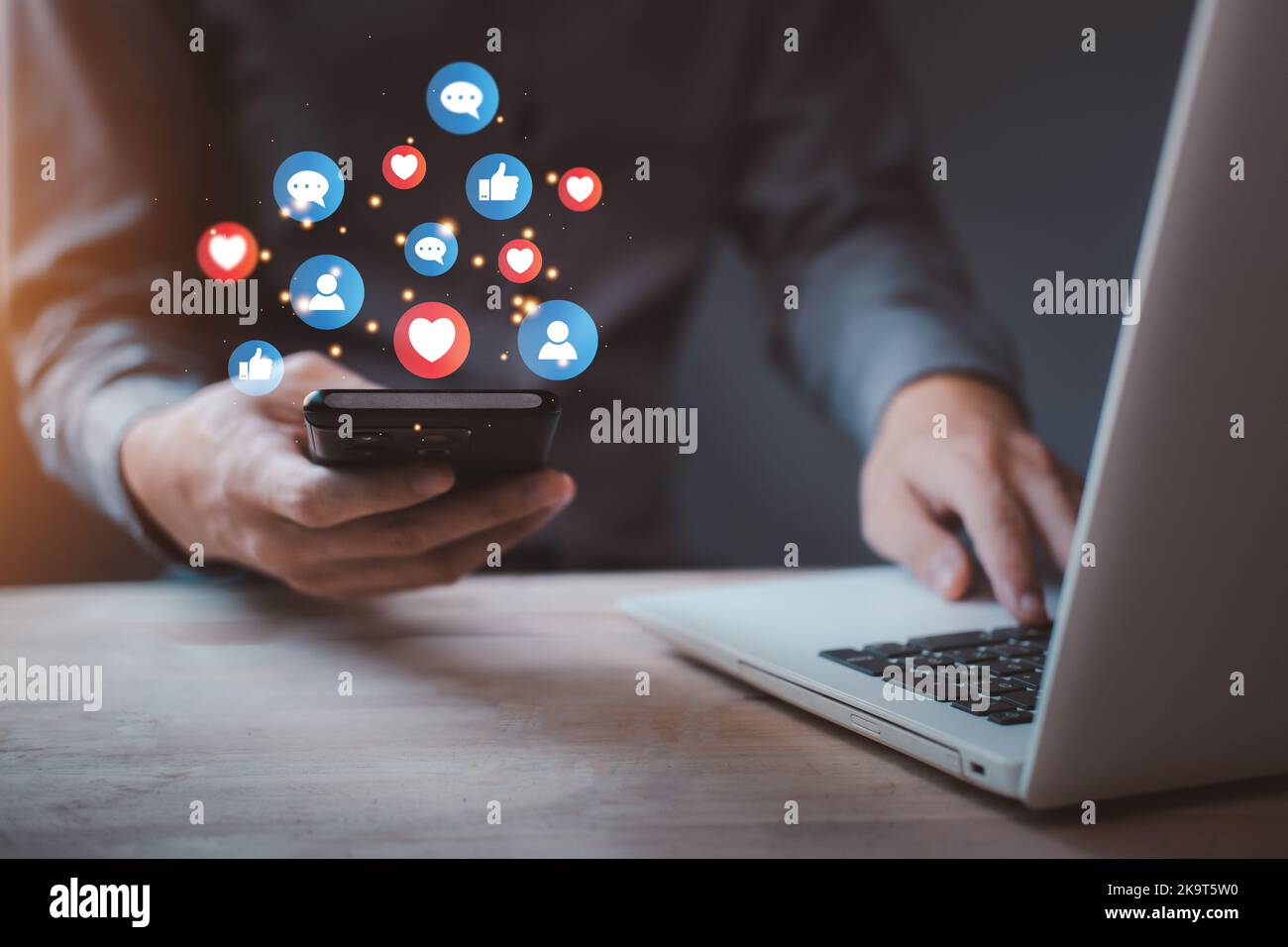 Chat and notification on smartphone with virtual red heart and blue ...