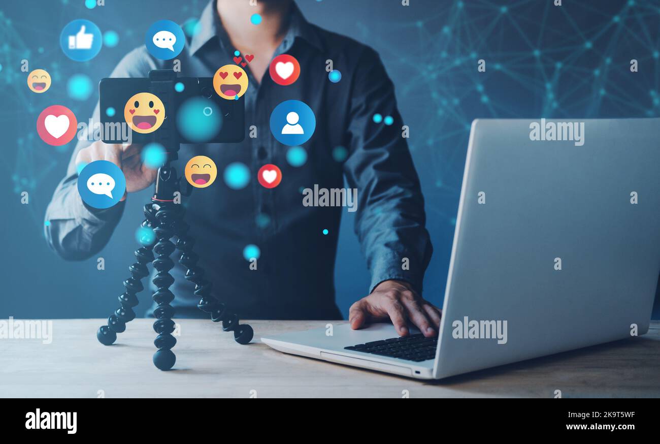 Man is streaming live for content online with smartphone and virtual ...