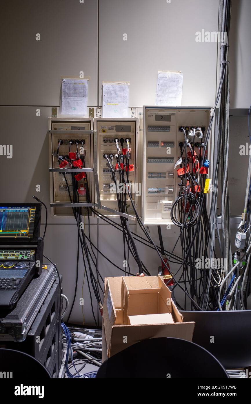 backstage, all power cables run together to form a power distribution ...