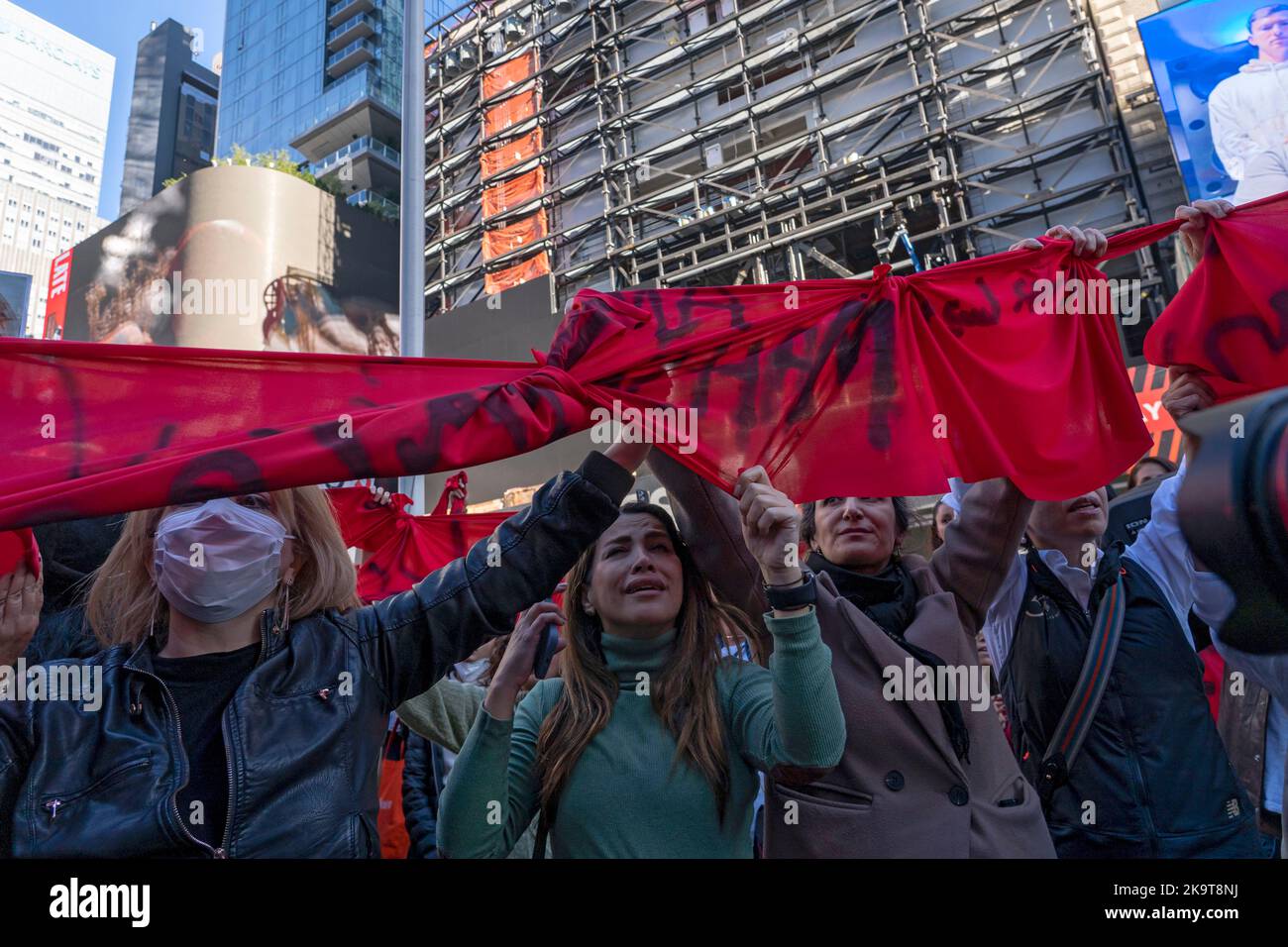 NEW YORK, NEW YORK - OCTOBER 29: Emotional protesters sing during a ...