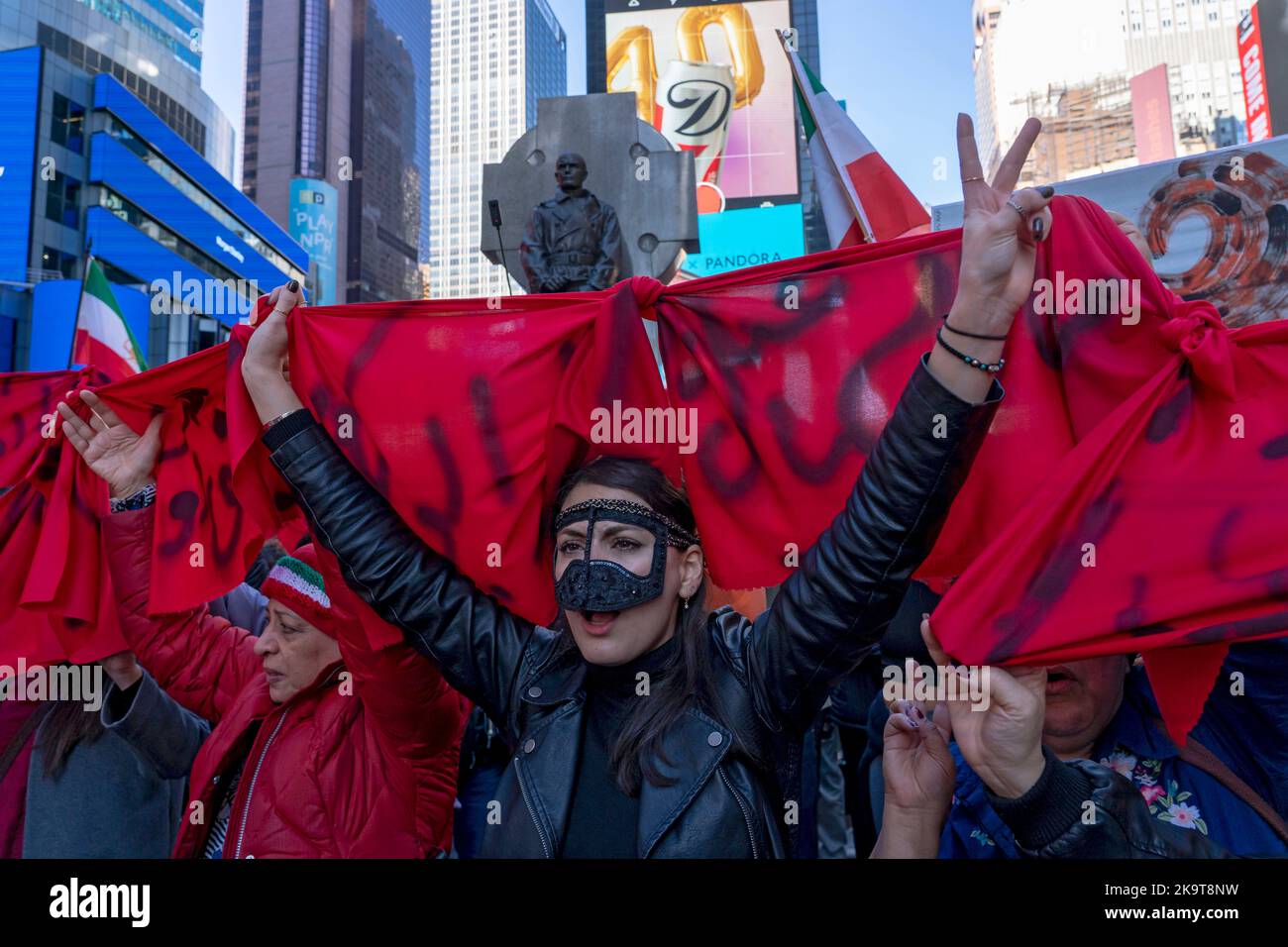 NEW YORK, NEW YORK - OCTOBER 29: Emotional protesters sing during a ...