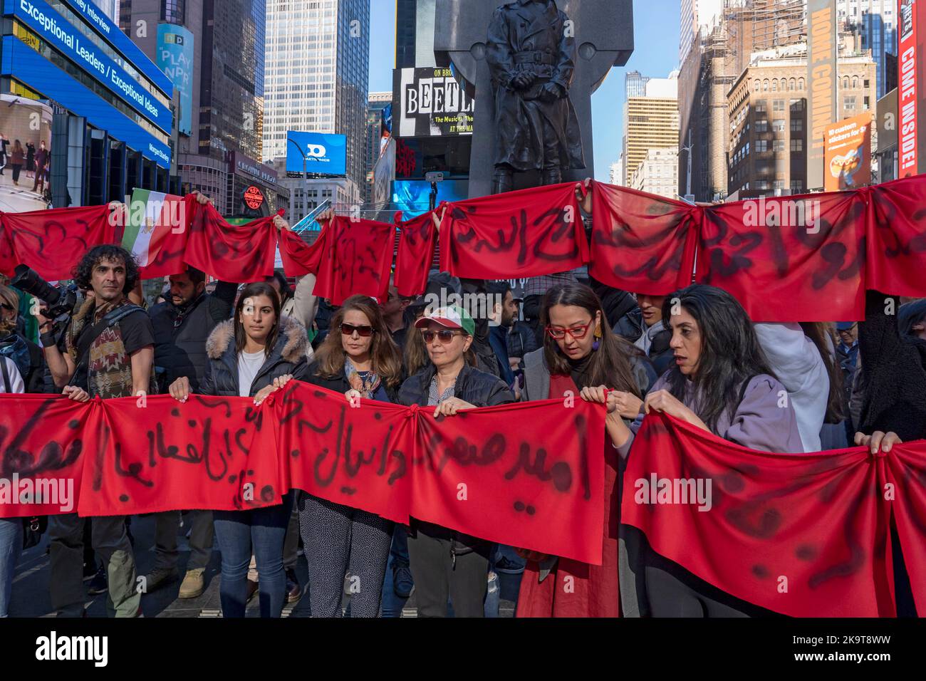 NEW YORK, NEW YORK - OCTOBER 29: Emotional protesters sing during a ...