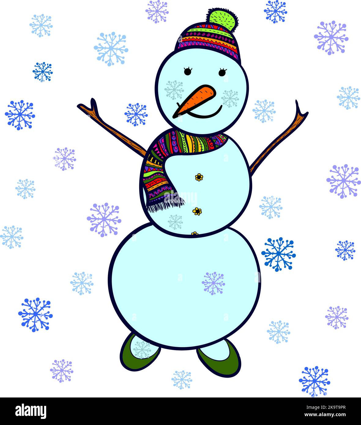 Snowman and lacy snowflakes. Abstract vector illustration Stock Vector ...