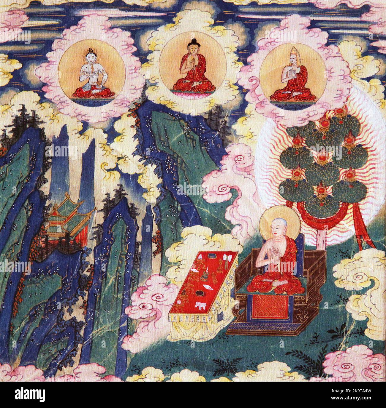 Young Buddhist monk medidates on Sarvavid Vairocana Mandala.A 300 years ...