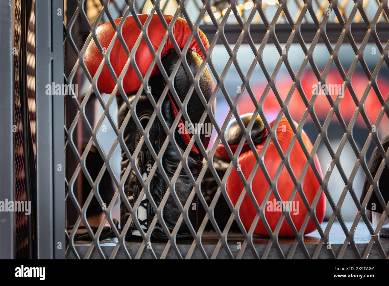 Red Leather Boxing Gloves Enclosed inside a Box with Iron Grill Stock ...