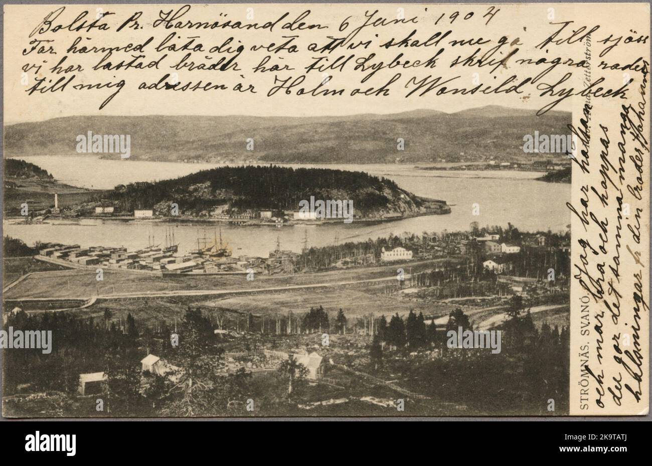 Strömnäs sawmill with Svanön in the Ångerman River Stock Photo - Alamy