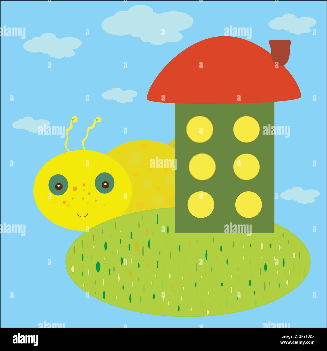 Funny cartoon yellow smiling caterpillar character on blue sky ...