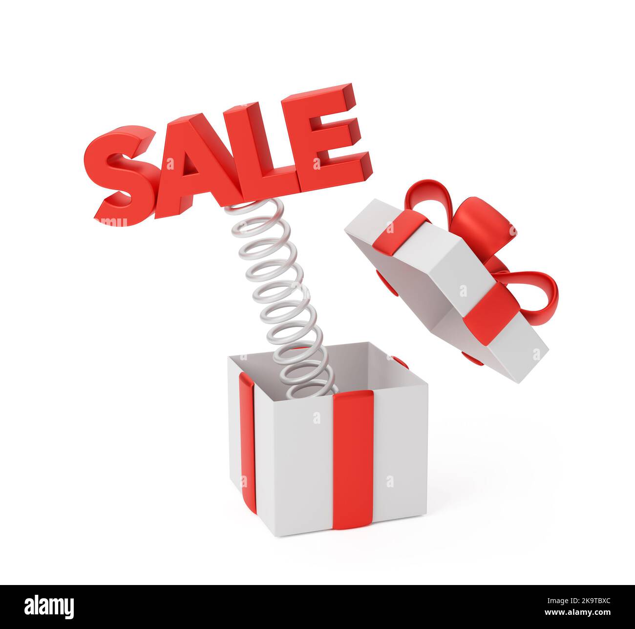 Sale on a spring from a box for gifts. Gift box with red ribbon and bow ...